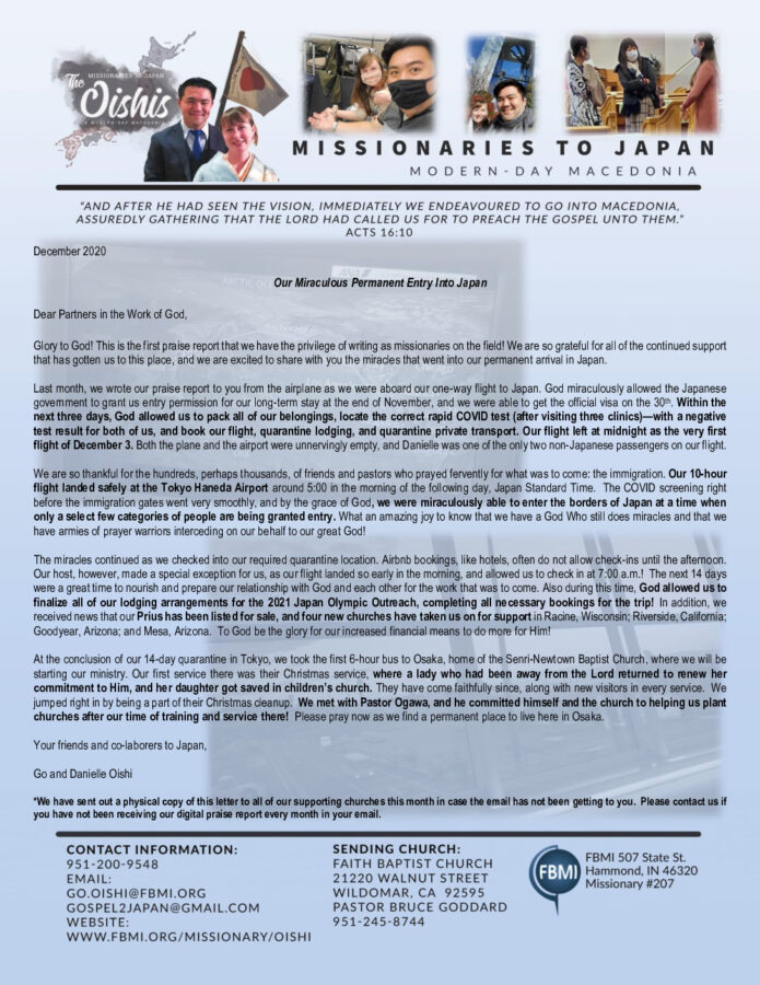 Go Oishi Prayer Letter: Our Miraculous Permanent Entry Into Japan – FBMI