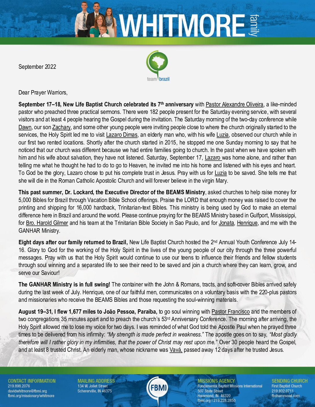 Dave Whitmore September 2022 Prayer Letter – FBMI