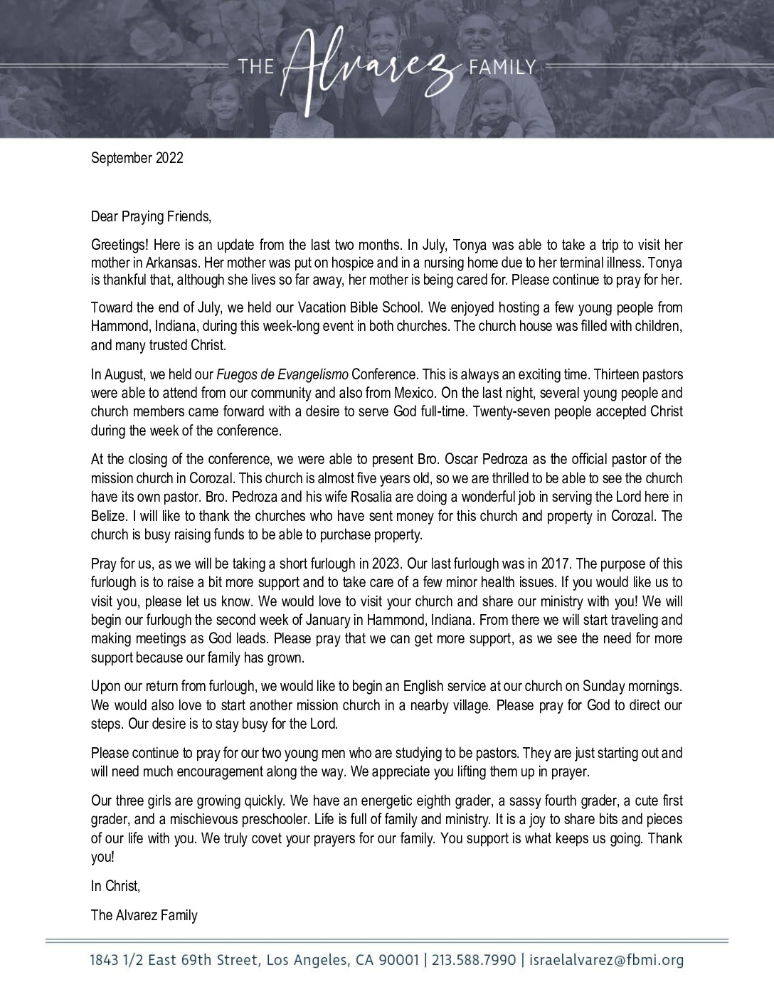 Israel Alvarez September 2022 Prayer Letter – FBMI