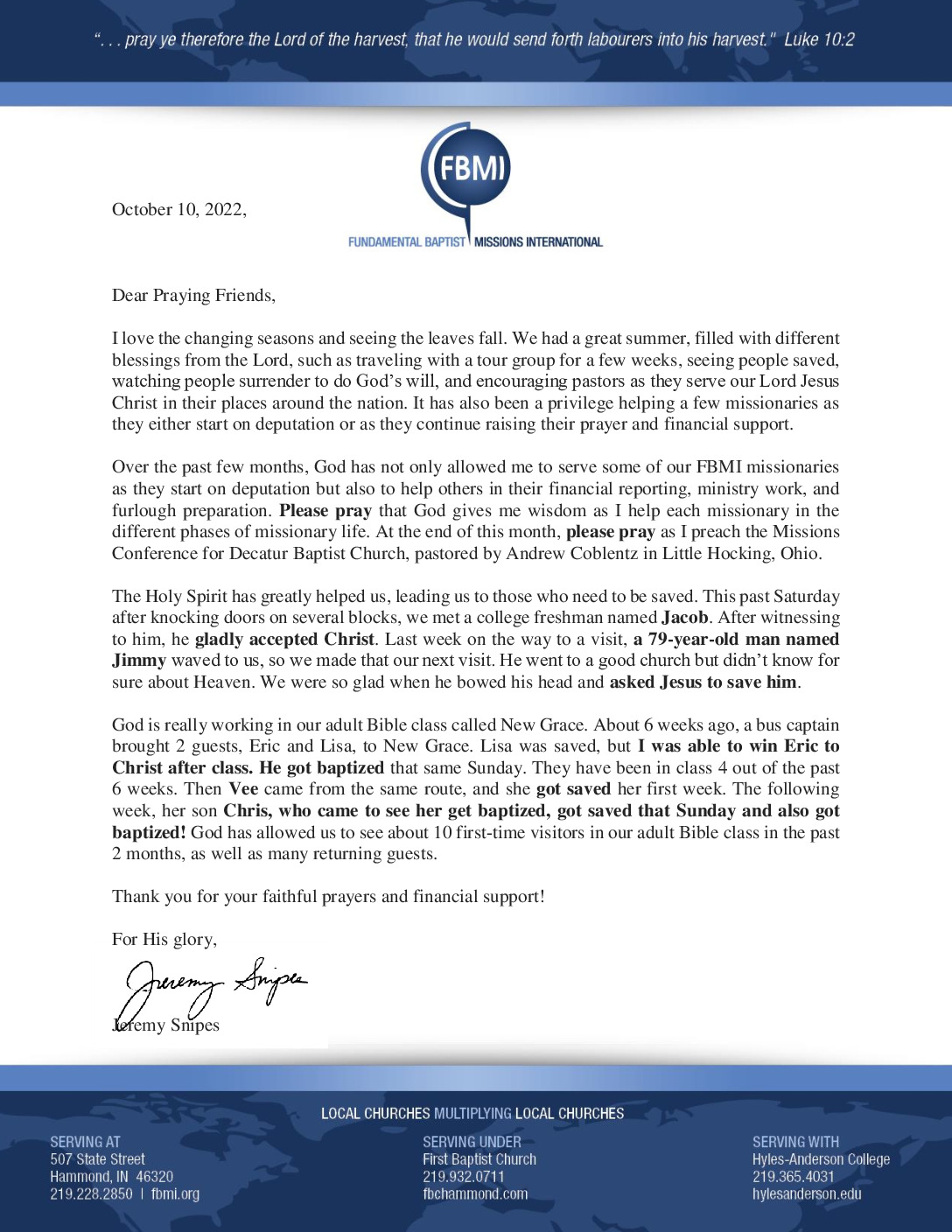 Jeremy Snipes October 2022 Prayer Letter – FBMI