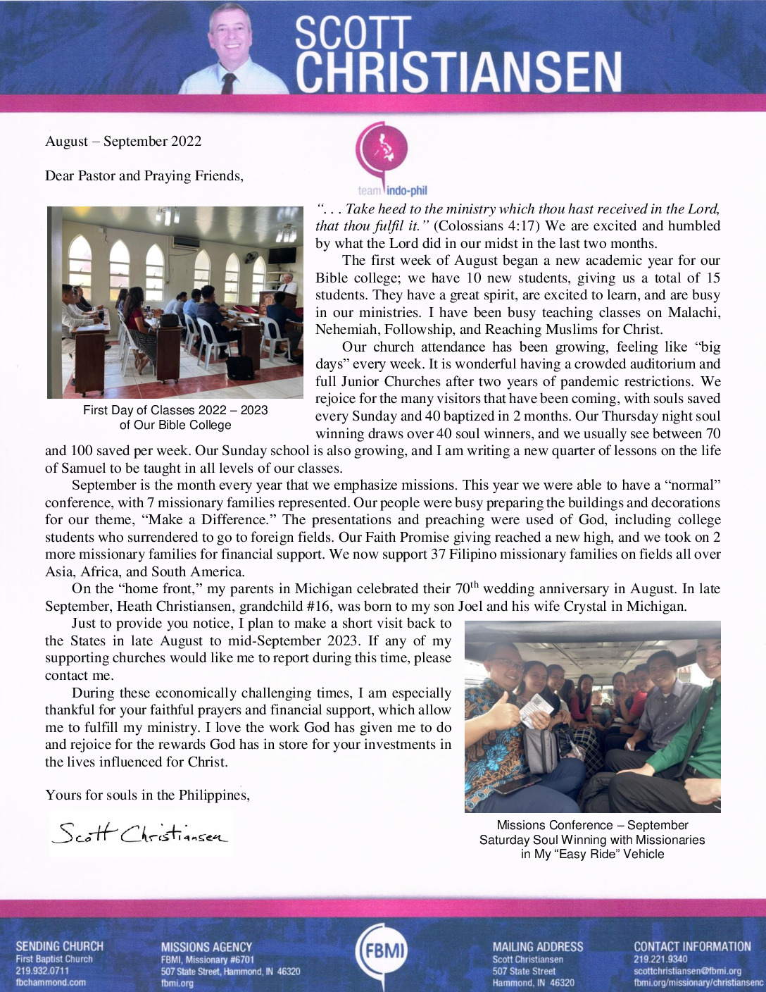 Scott Christiansen Aug-Sep 2022 Prayer Letter – FBMI