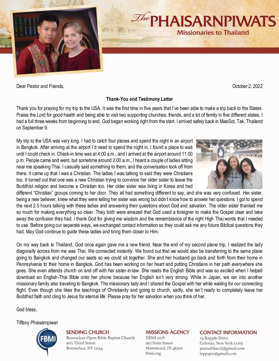 Teerapat Phaisarnpiwat October 2022 Prayer Letter – FBMI