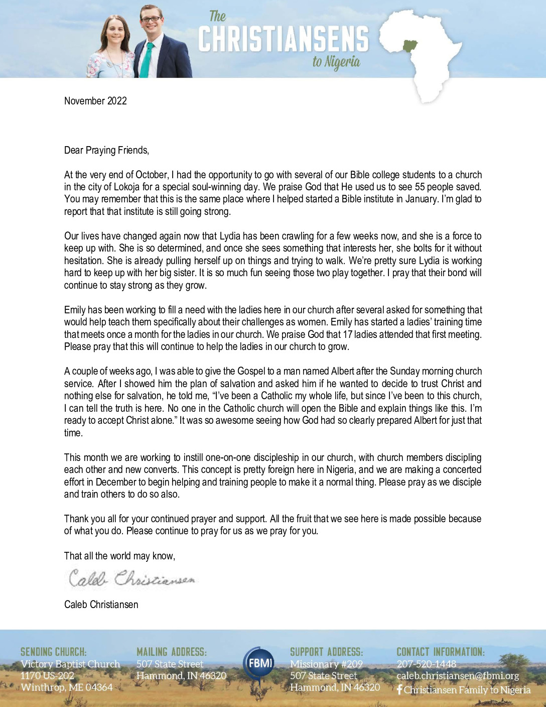 Caleb Christiansen November 2022 Prayer Letter – FBMI