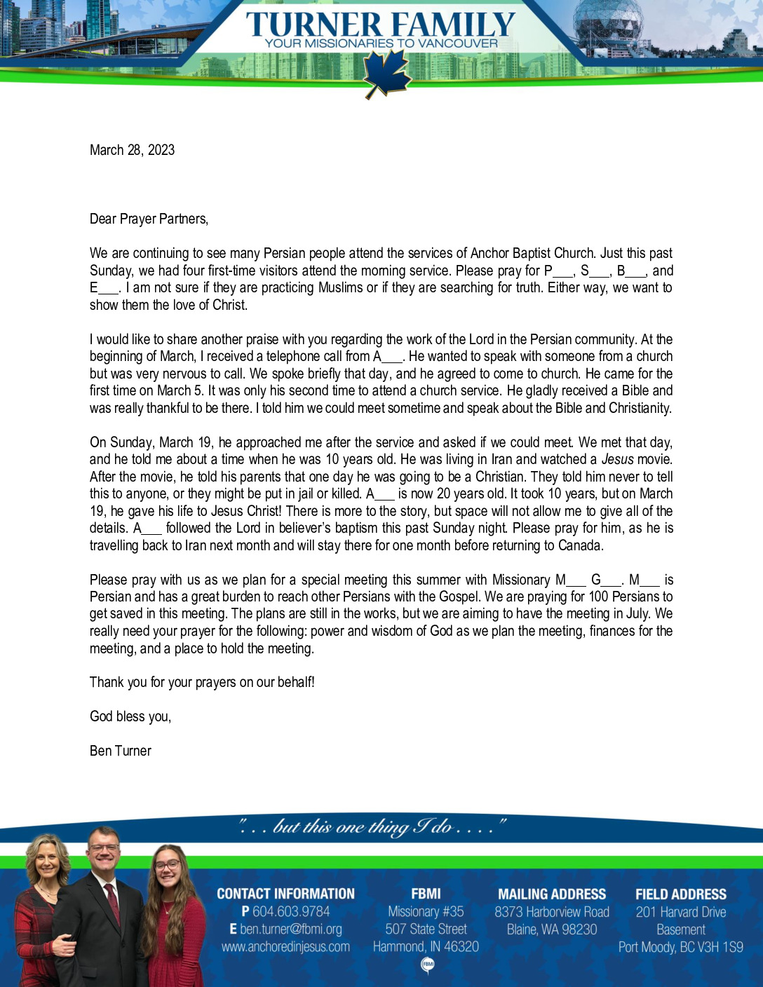 Ben Turner March 2023 Prayer Letter – ONLINE VERSION – FBMI