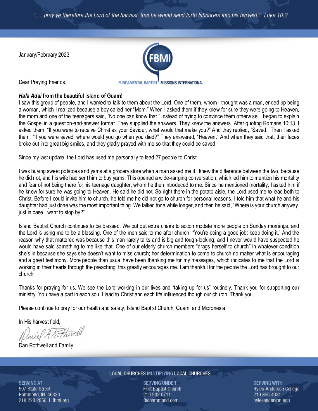 Dan Rothwell Jan-Feb 2023 Prayer Letter – FBMI