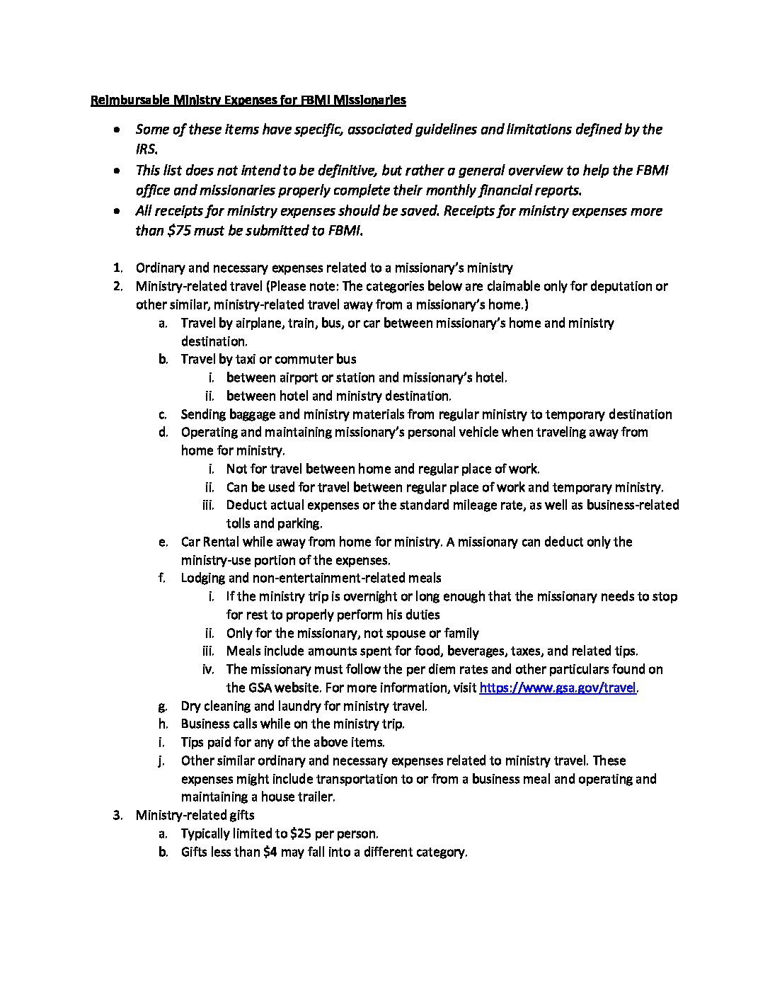 Reimbursable Ministry Expenses – FBMI