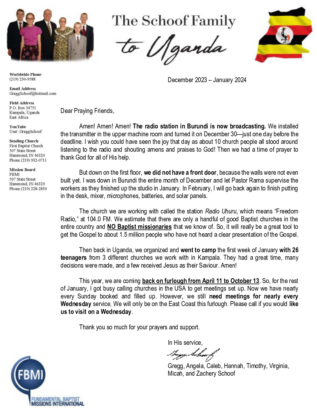 Gregg Schoof Dec 2023 – Jan 2024 Prayer Letter – FBMI