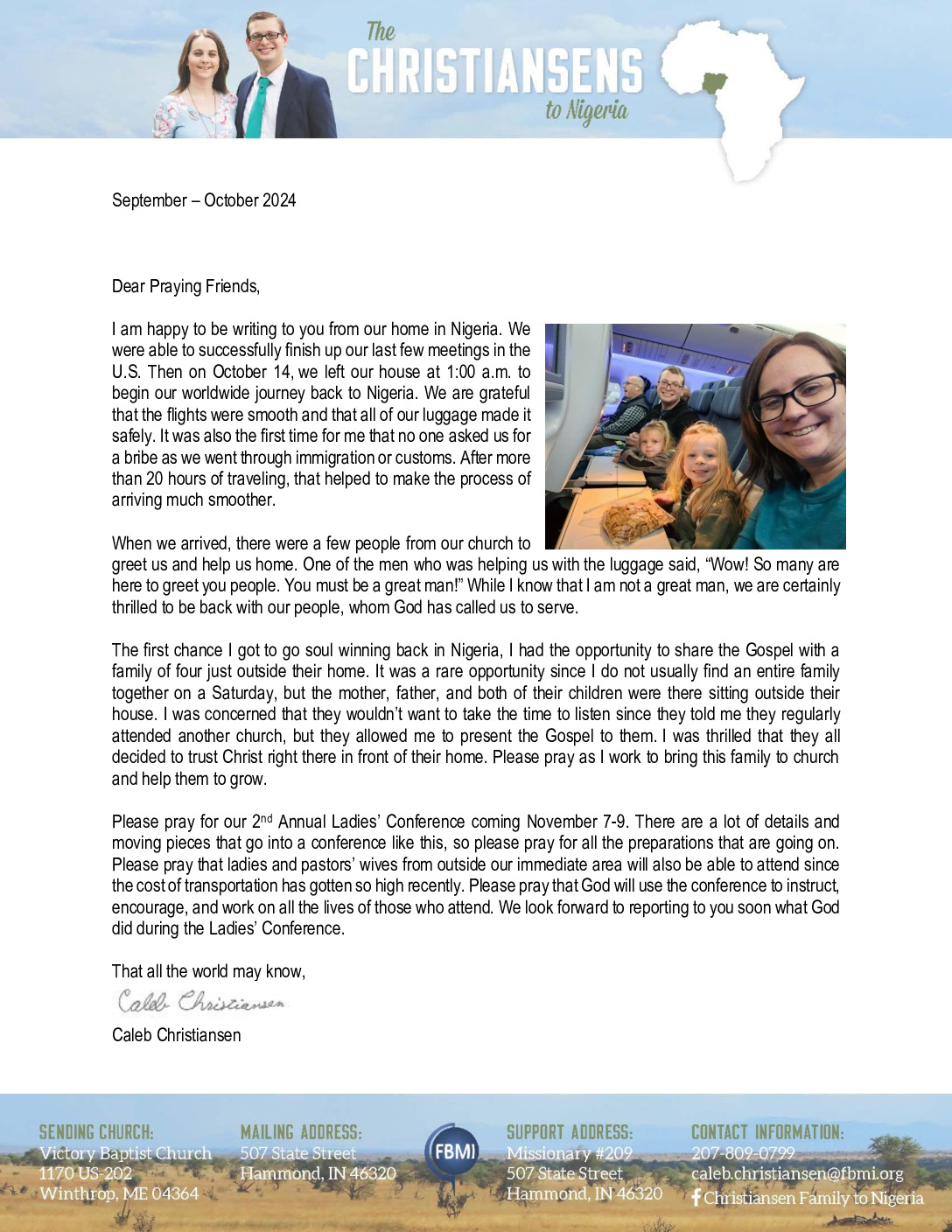 Caleb and Emily Christiansen Prayer Letter: Back Home in Nigeria – FBMI