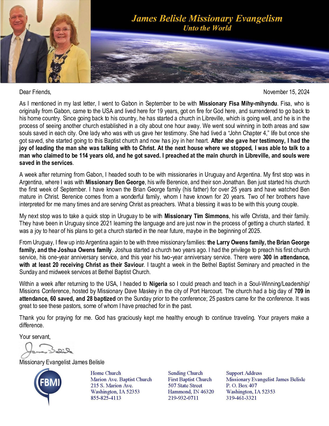 James Belisle November 2024 Prayer Letter – FBMI