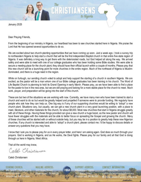 Caleb and Emily Christiansen Prayer Letter: New Church Plants – FBMI