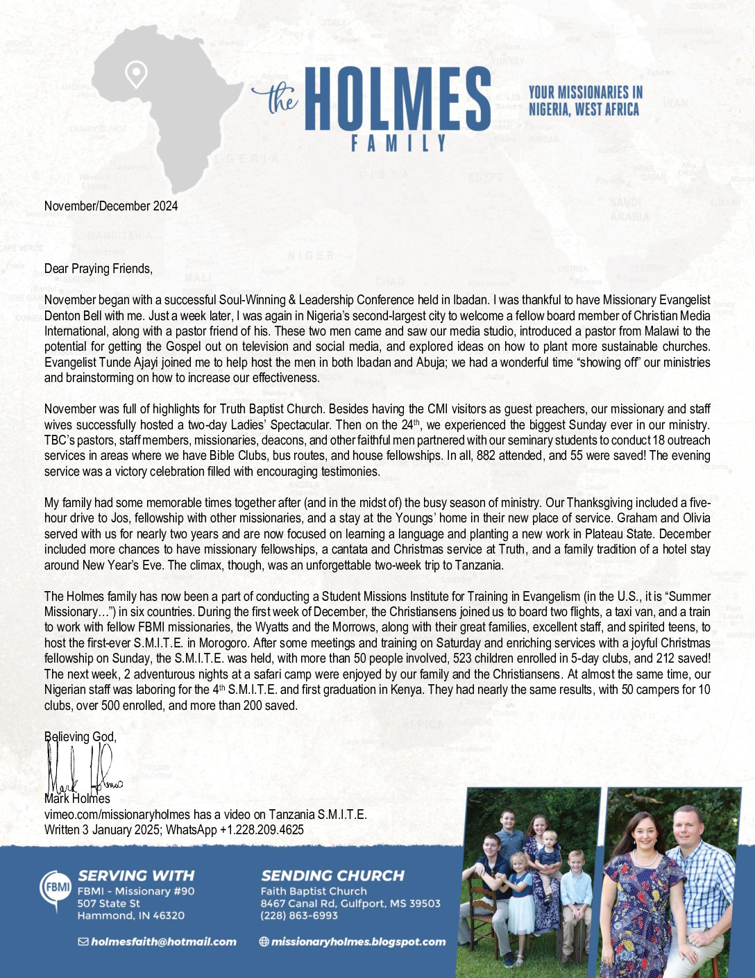 Mark and Sabrina Holmes Prayer Letter: Blessings – FBMI