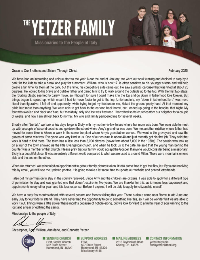 Christopher and Amy Yetzer Prayer Letter: Sicilian Cousins and New ...