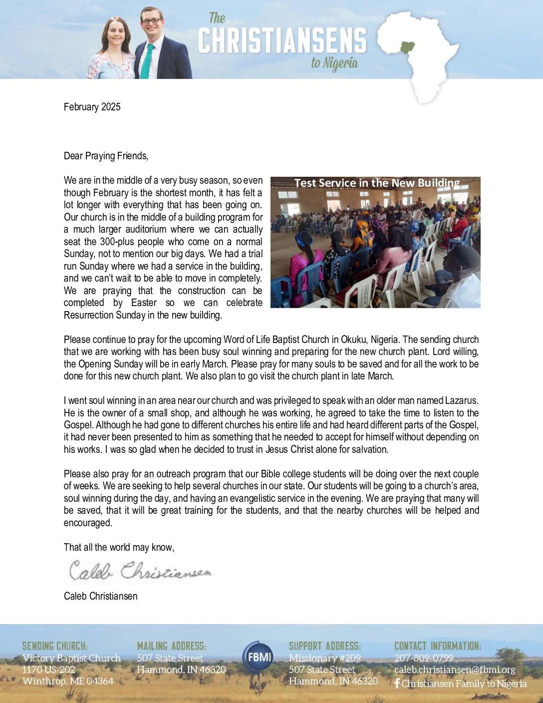 Caleb and Emily Christiansen Prayer Letter: A Short, But Very Busy Month! – FBMI