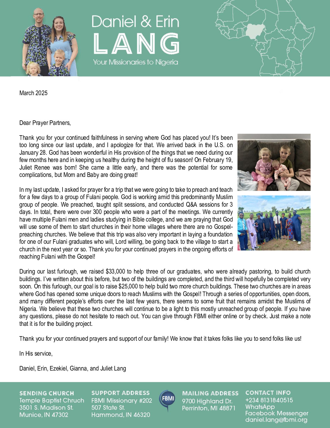 Daniel and Erin Lang Prayer Letter: Juliet Renee Has Arrived! – FBMI