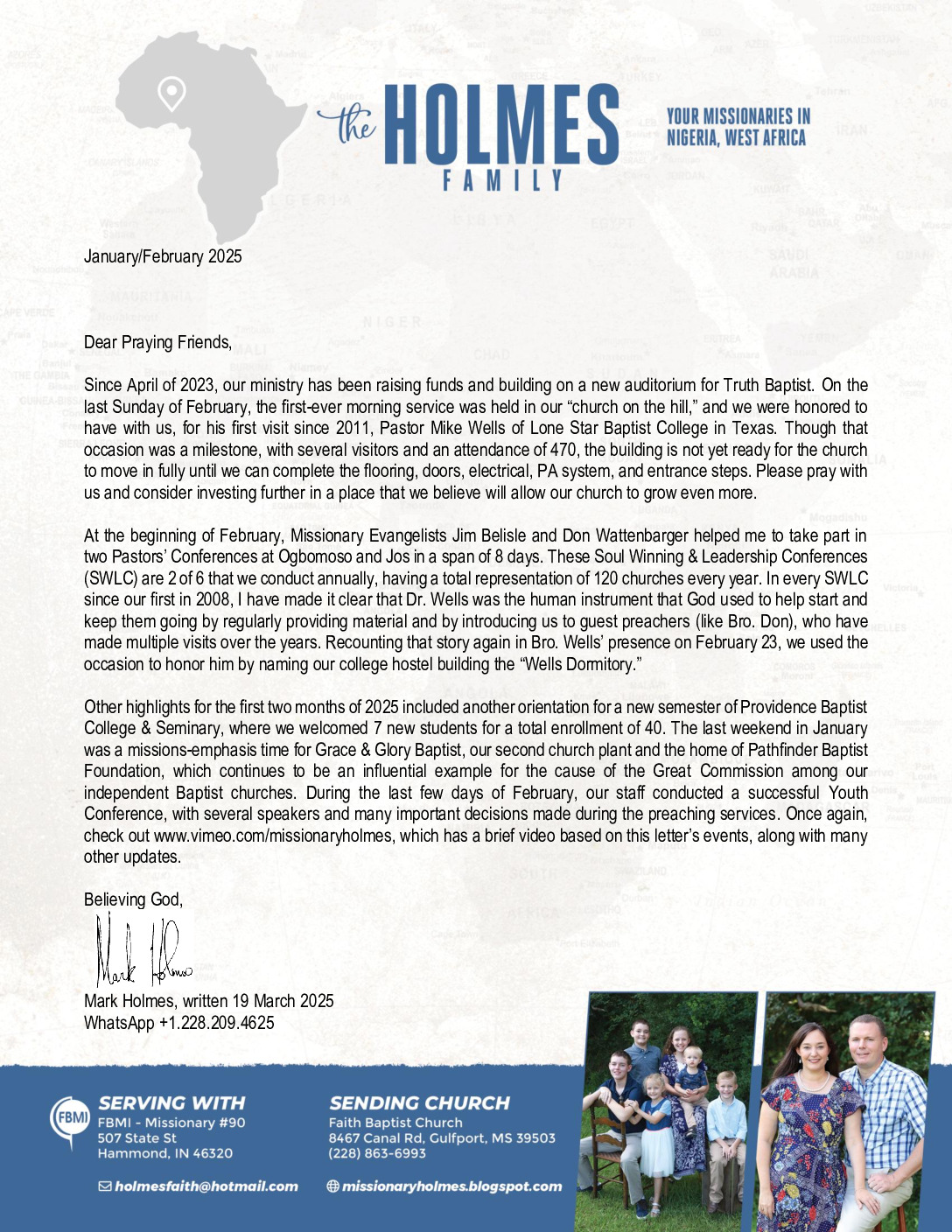 Mark and Sabrina Holmes Prayer Letter: New Auditorium! – FBMI