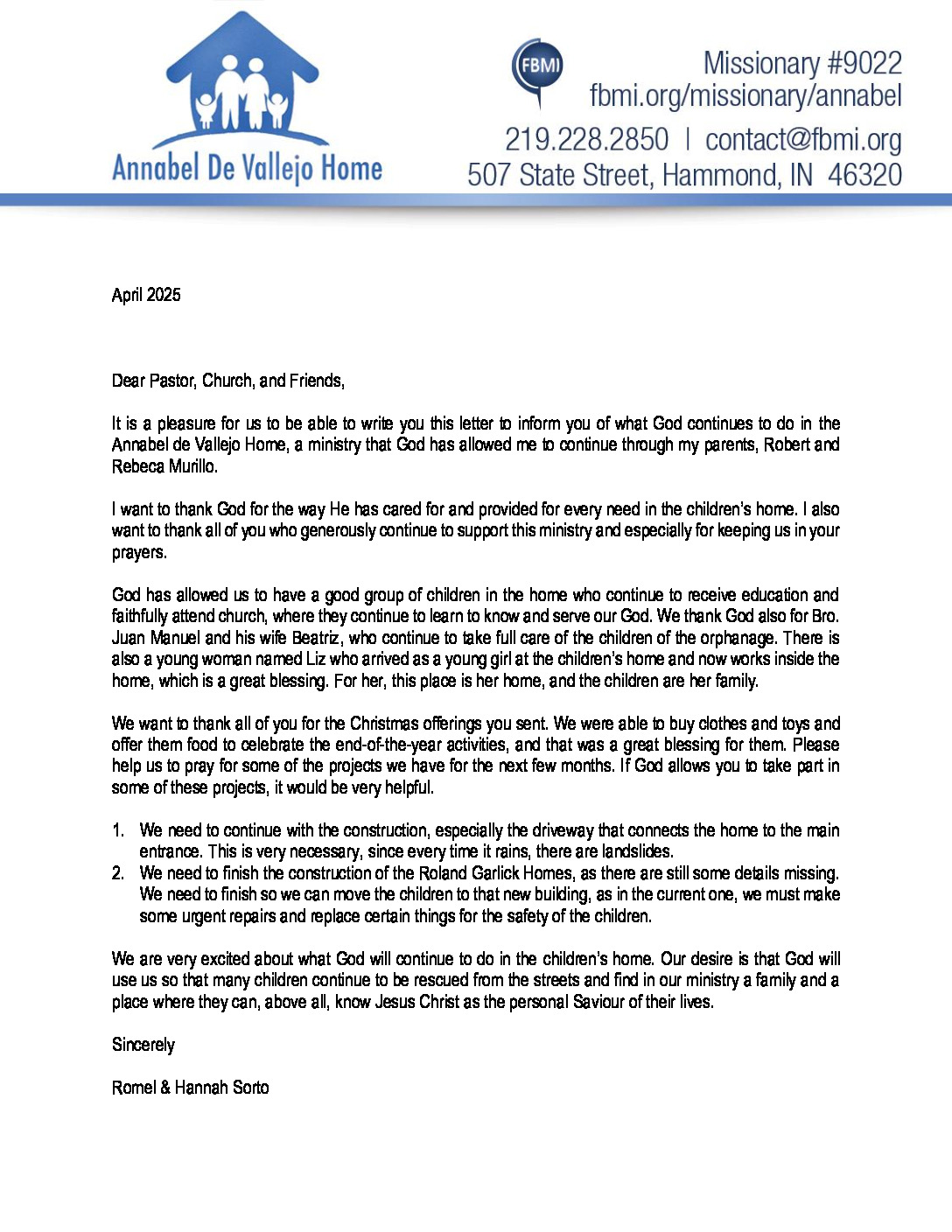 Annabel de Vallejo Home Update: God Continues to Work – FBMI