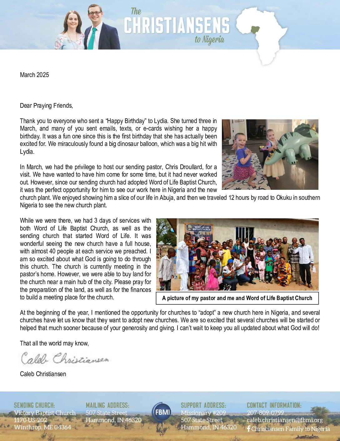 Caleb and Emily Christiansen Prayer Letter: Word of Life Baptist Church – FBMI