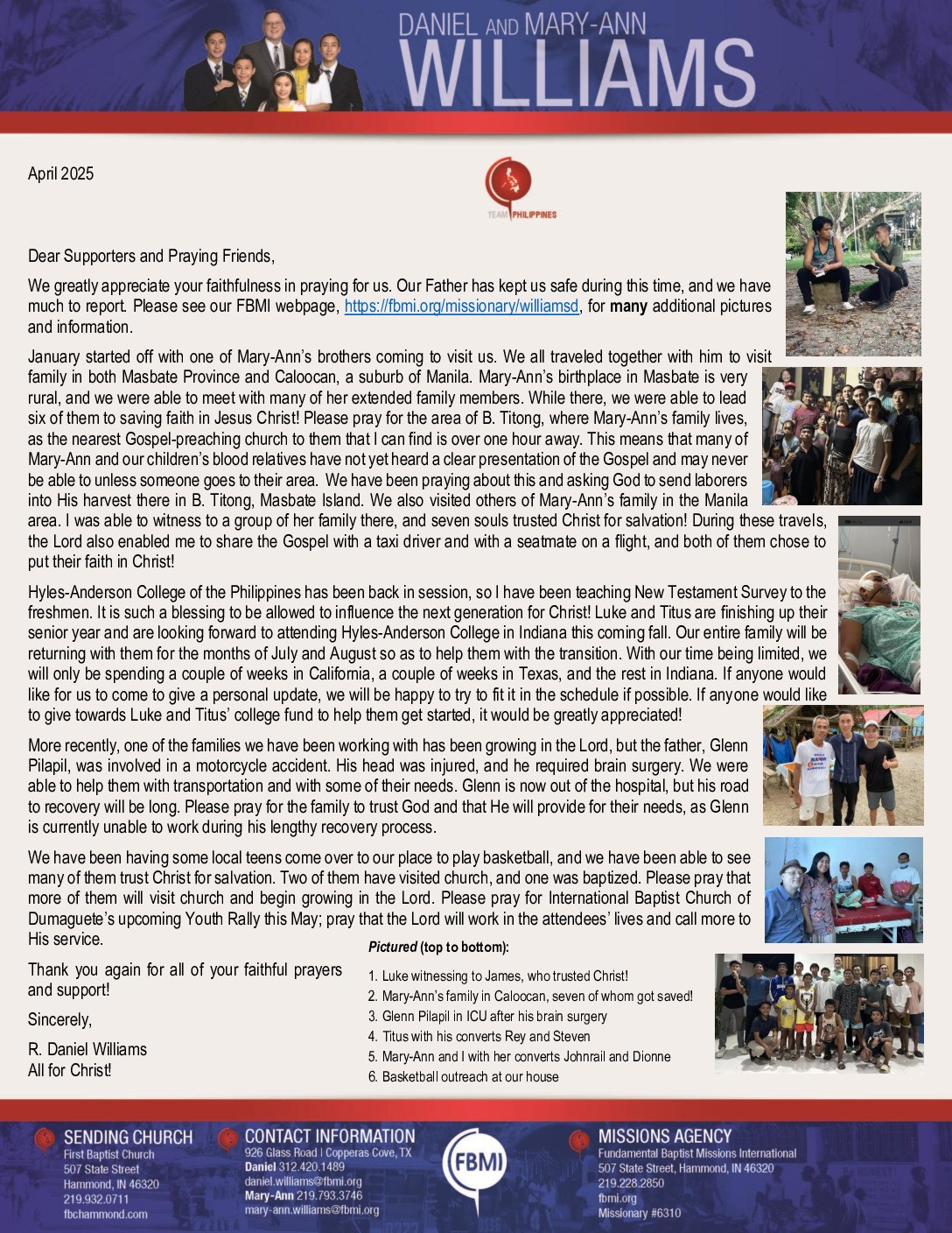 Daniel and Mary-Ann Williams Prayer Letter: Winning Family to Christ – FBMI