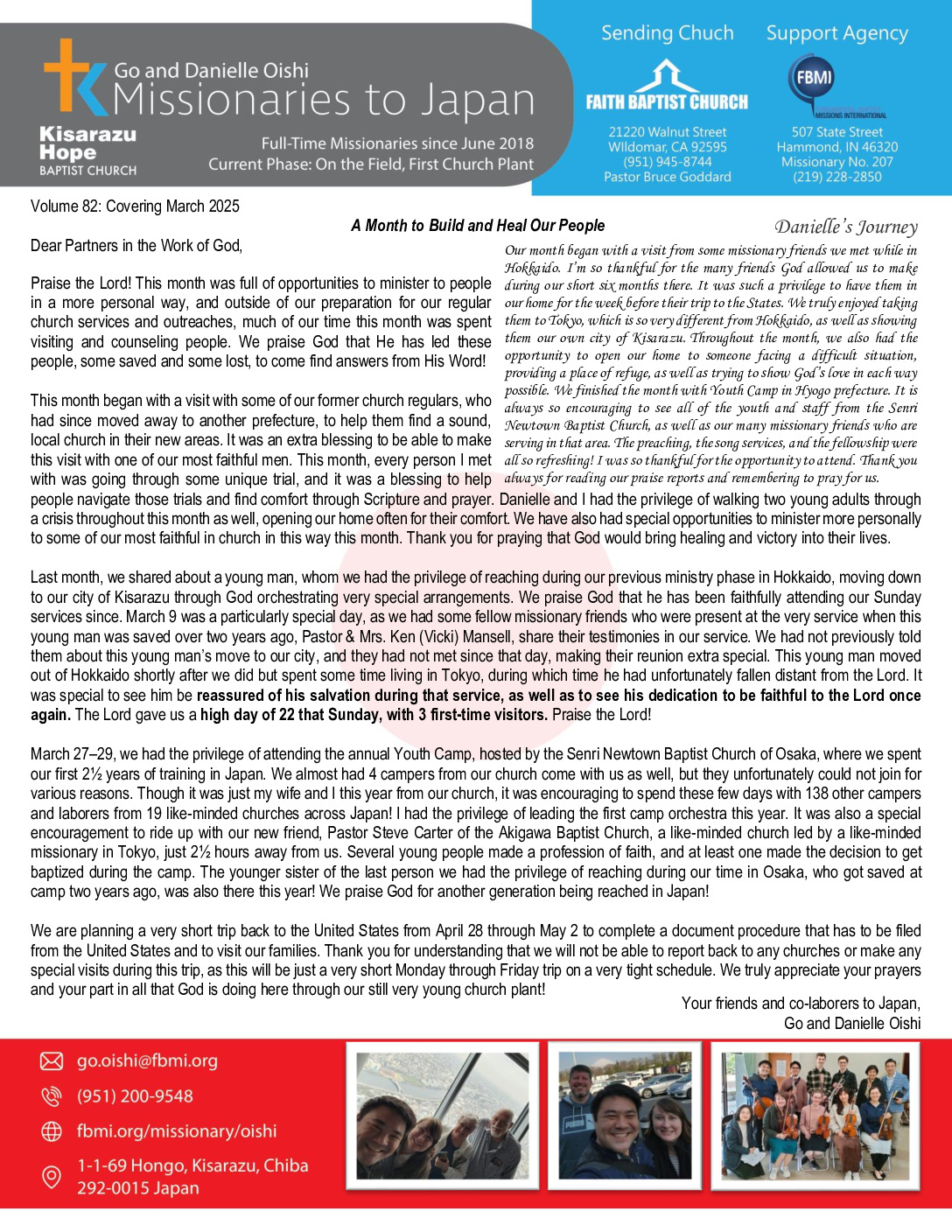 Go and Danielle Oishi Prayer Letter: A Month to Build and Heal Our People – FBMI