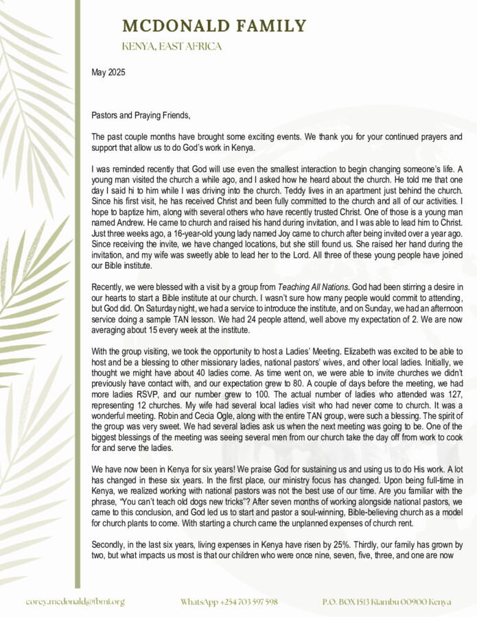 Corey and Elizabeth McDonald Prayer Letter: Exciting Events – FBMI