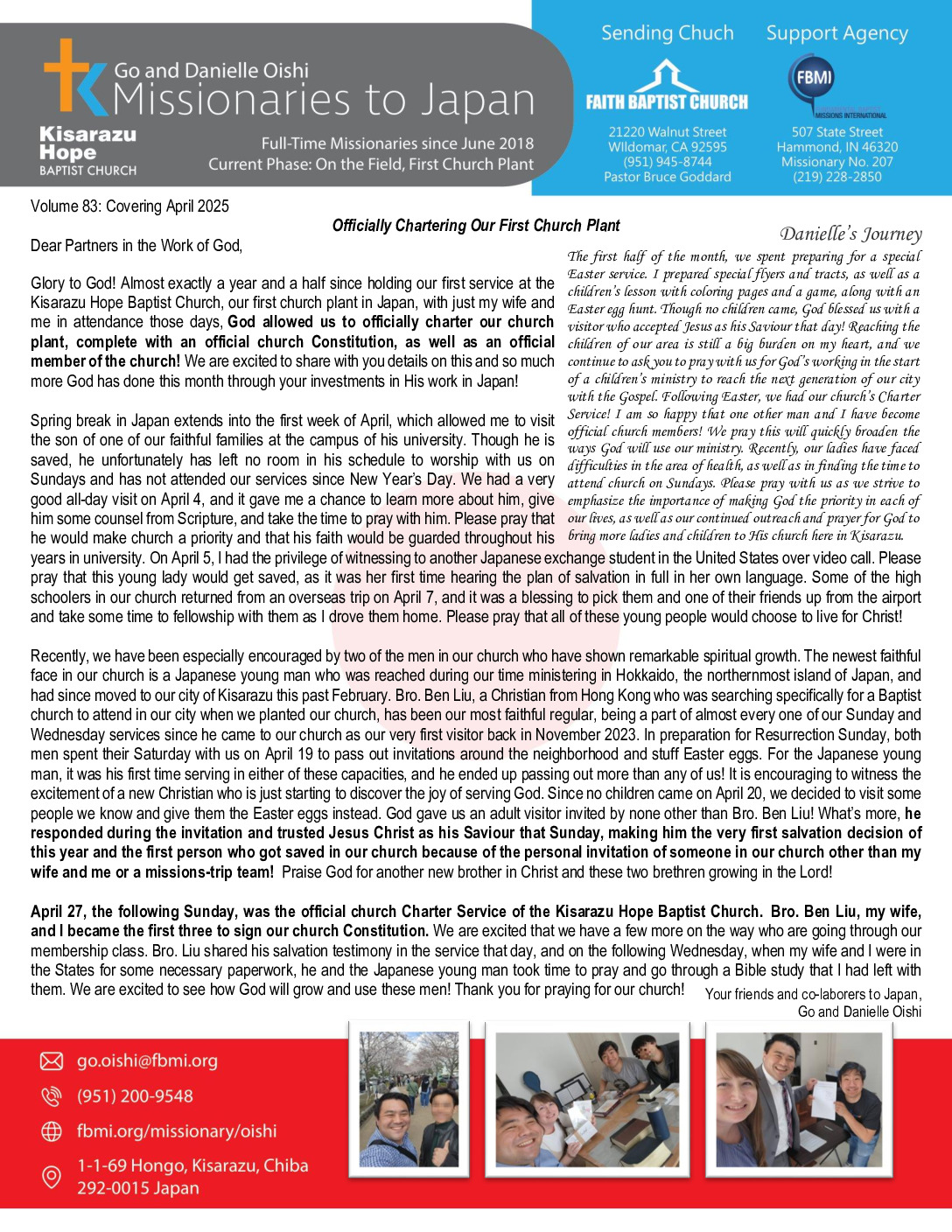 Go and Danielle Oishi Prayer Letter: Officially Chartering Our First Church Plant – FBMI