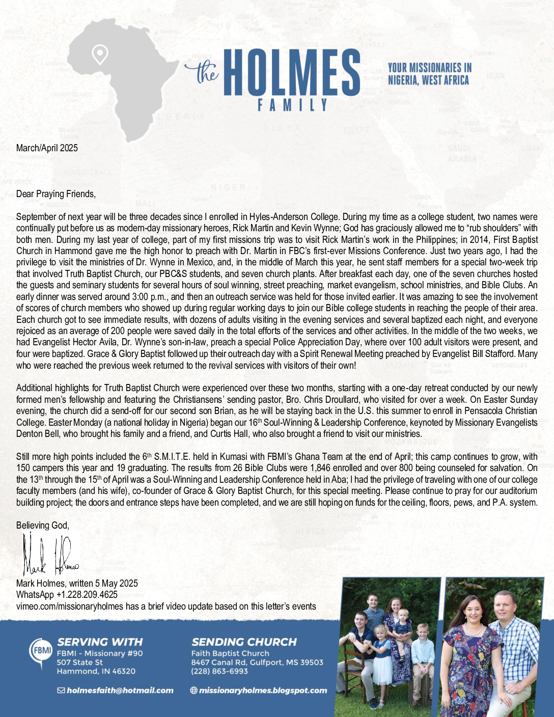 Mark and Sabrina Holmes Prayer Letter: Outreaches and Highlights – FBMI