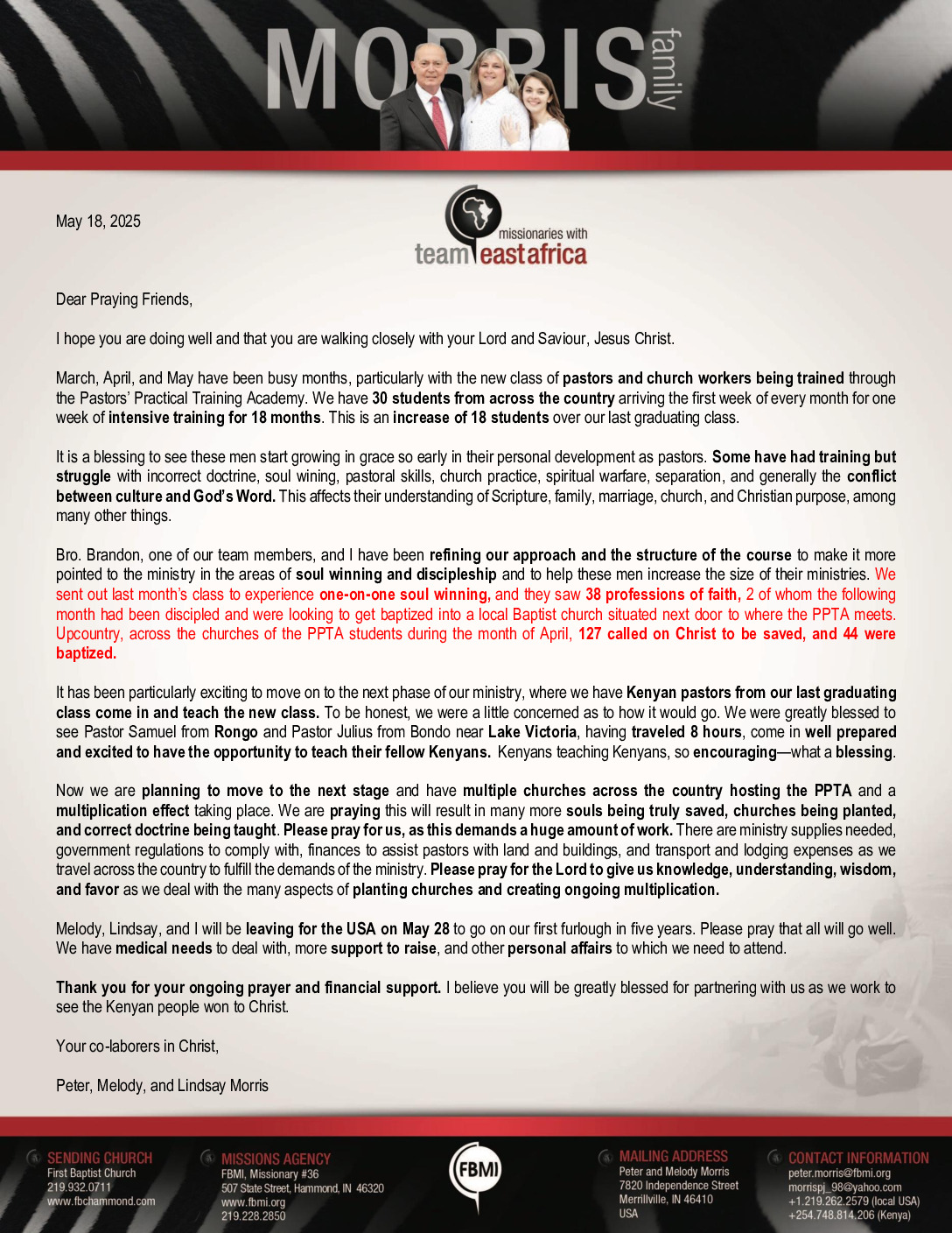 Peter and Melody Morris Prayer Letter: New Class of Pastors’ Practical Training Academy – FBMI