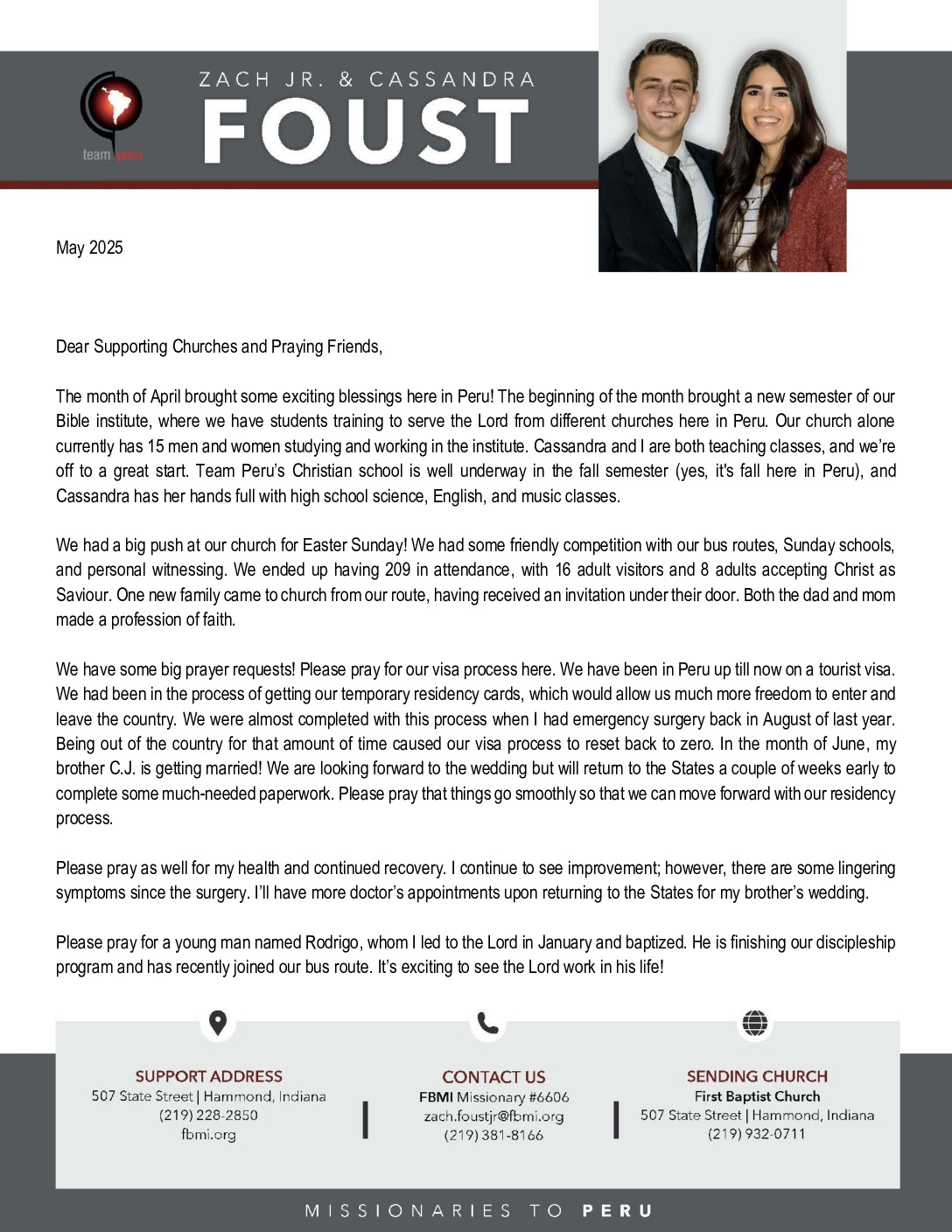 Zach and Cassandra Foust Jr. Prayer Letter: Big Push for Easter Sunday – FBMI