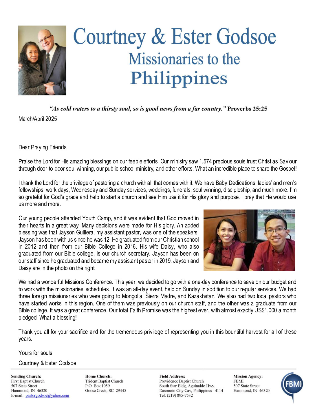 Courtney and Ester Godsoe Prayer Letter: God’s Amazing Blessings – FBMI