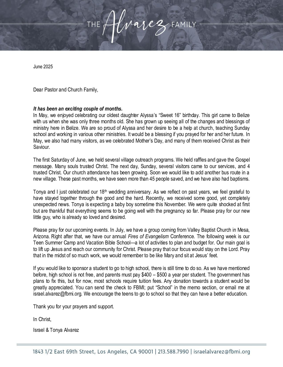 Israel and Tonya Alvarez Prayer Letter: An Exciting Couple of Months – FBMI