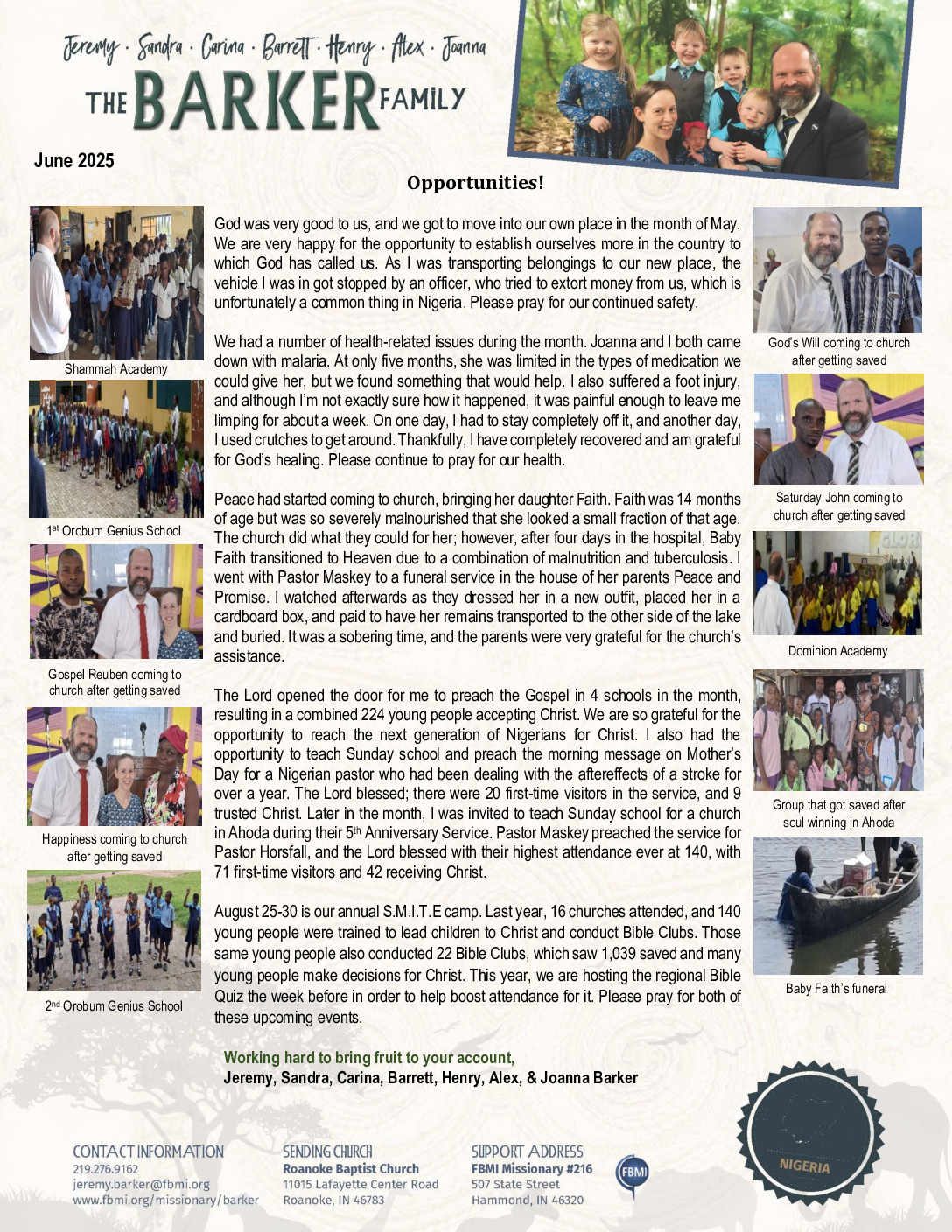 Jeremy and Sandra Barker Prayer Letter: Opportunities – FBMI