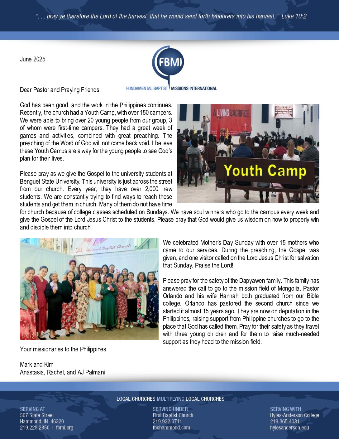 Mark and Kim Palmani Prayer Letter: Youth Camp – FBMI