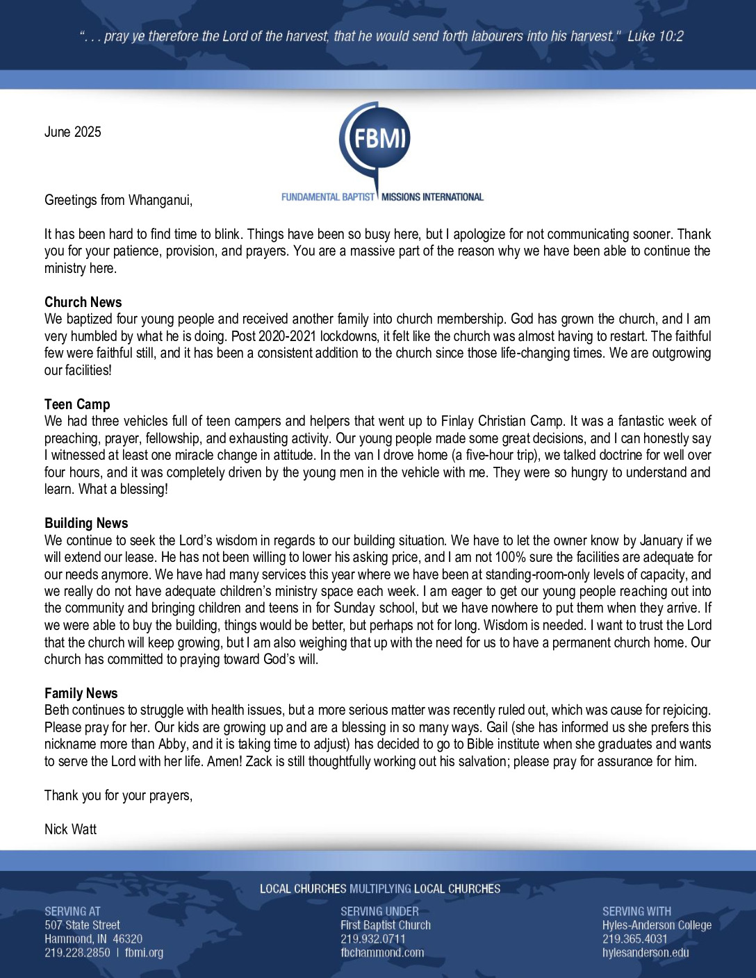 Nick and Beth Watt Prayer Letter: Teen Camp – FBMI