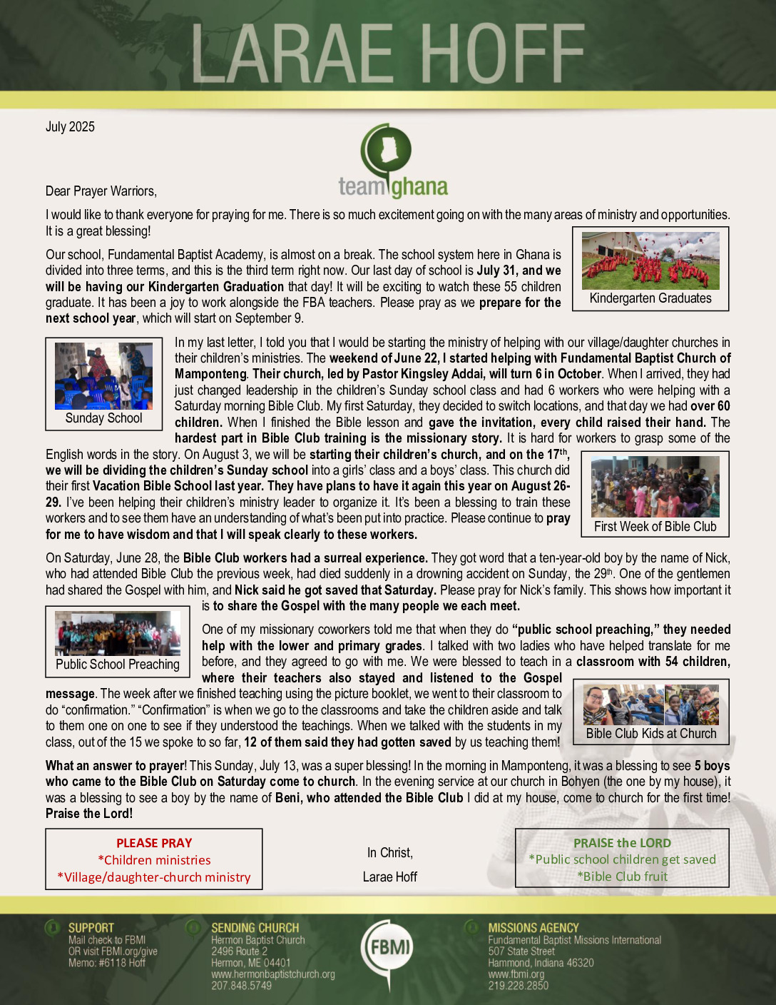 Larae Hoff Prayer Letter: So Much Excitement Going On! – FBMI
