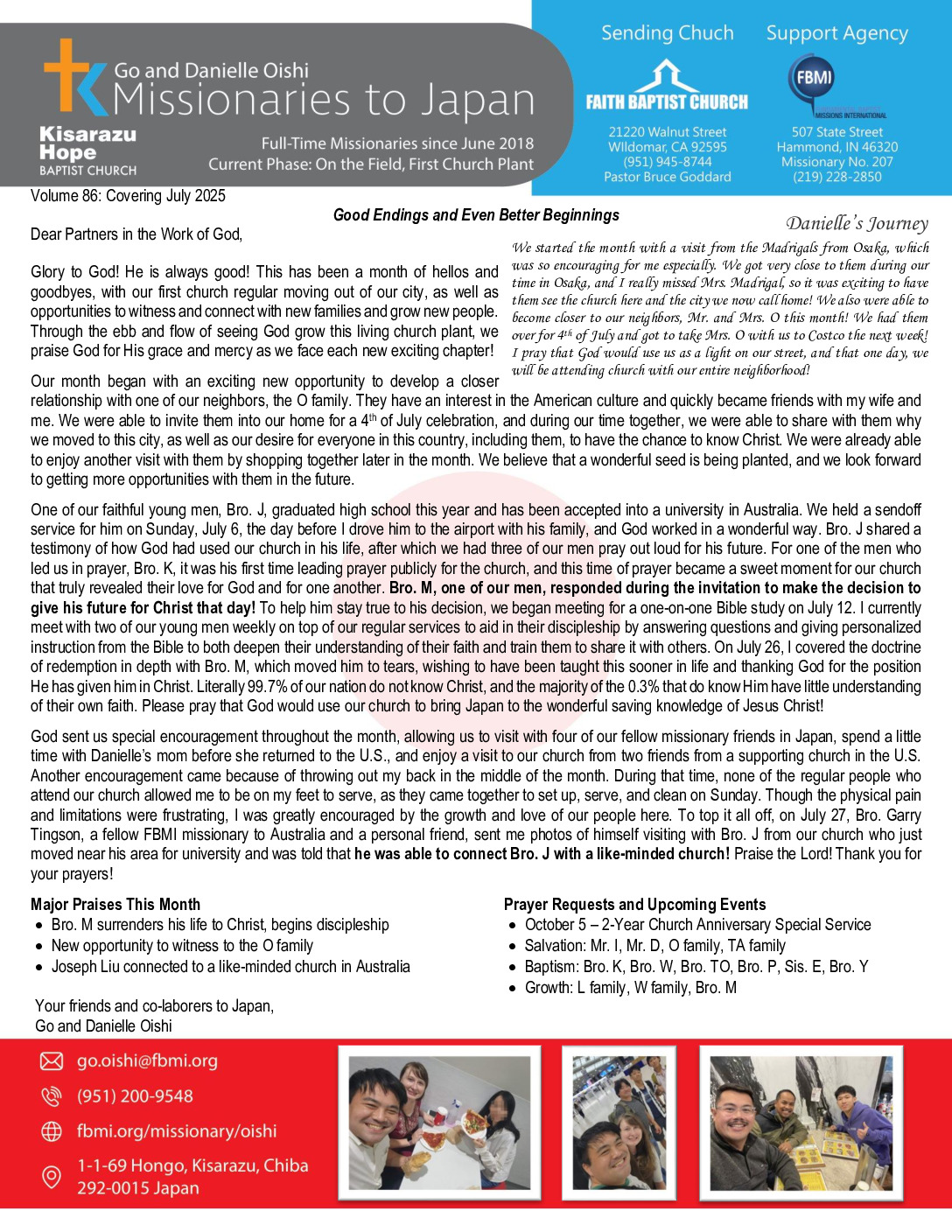 Go and Danielle Oishi Prayer Letter: Good Endings and Even Better Beginnings – FBMI