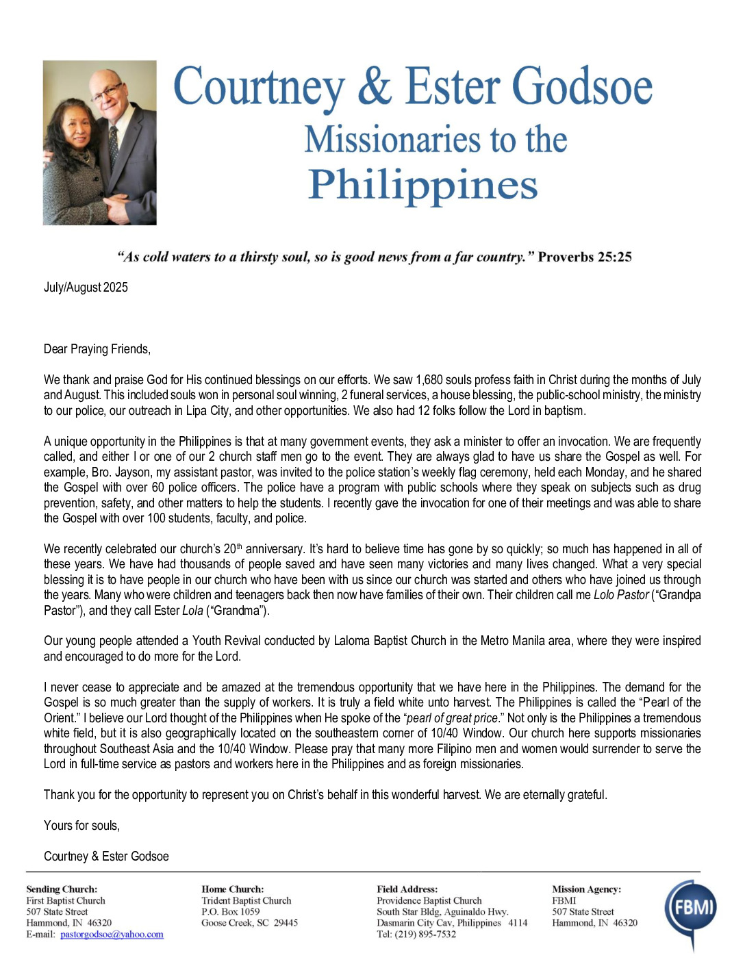 Courtney and Ester Godsoe Prayer Letter: 20th Anniversary – FBMI